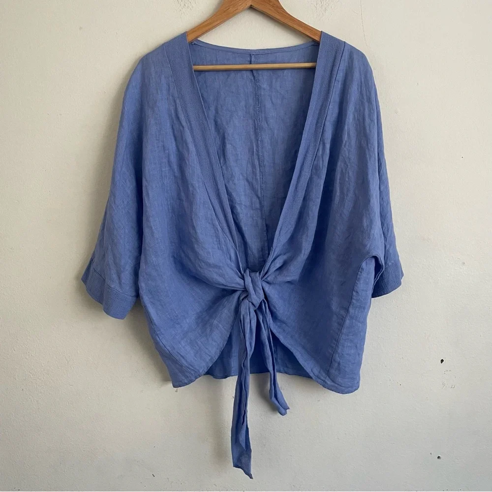 M Made In Italy | Tops | Italian Linen Relaxed Fit Blue Top Cotton Trim ...